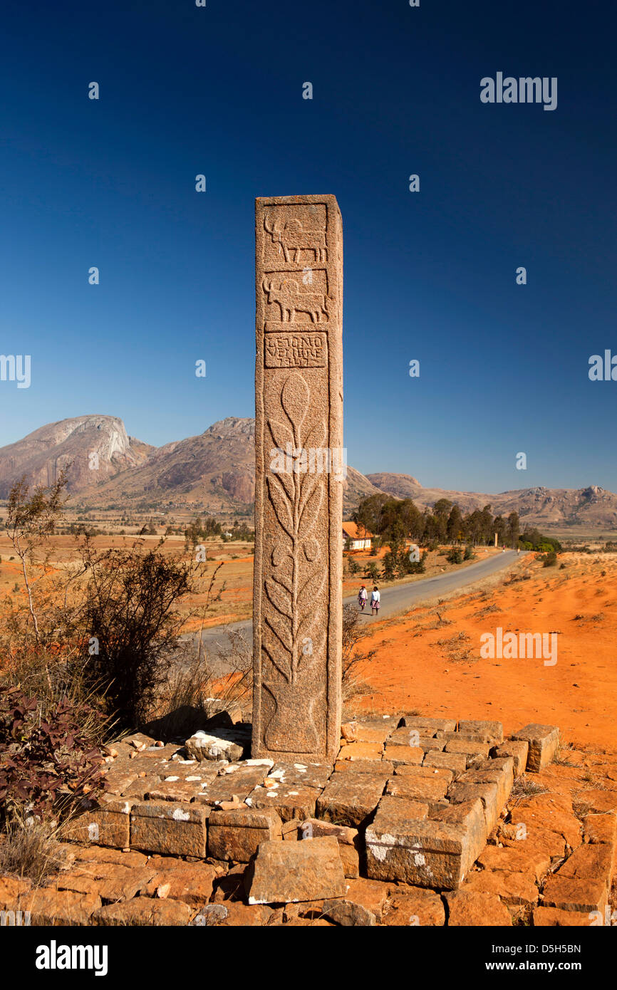 Madagascar, Ambalavao, Betsileo monolith memorial depicting plants and ...