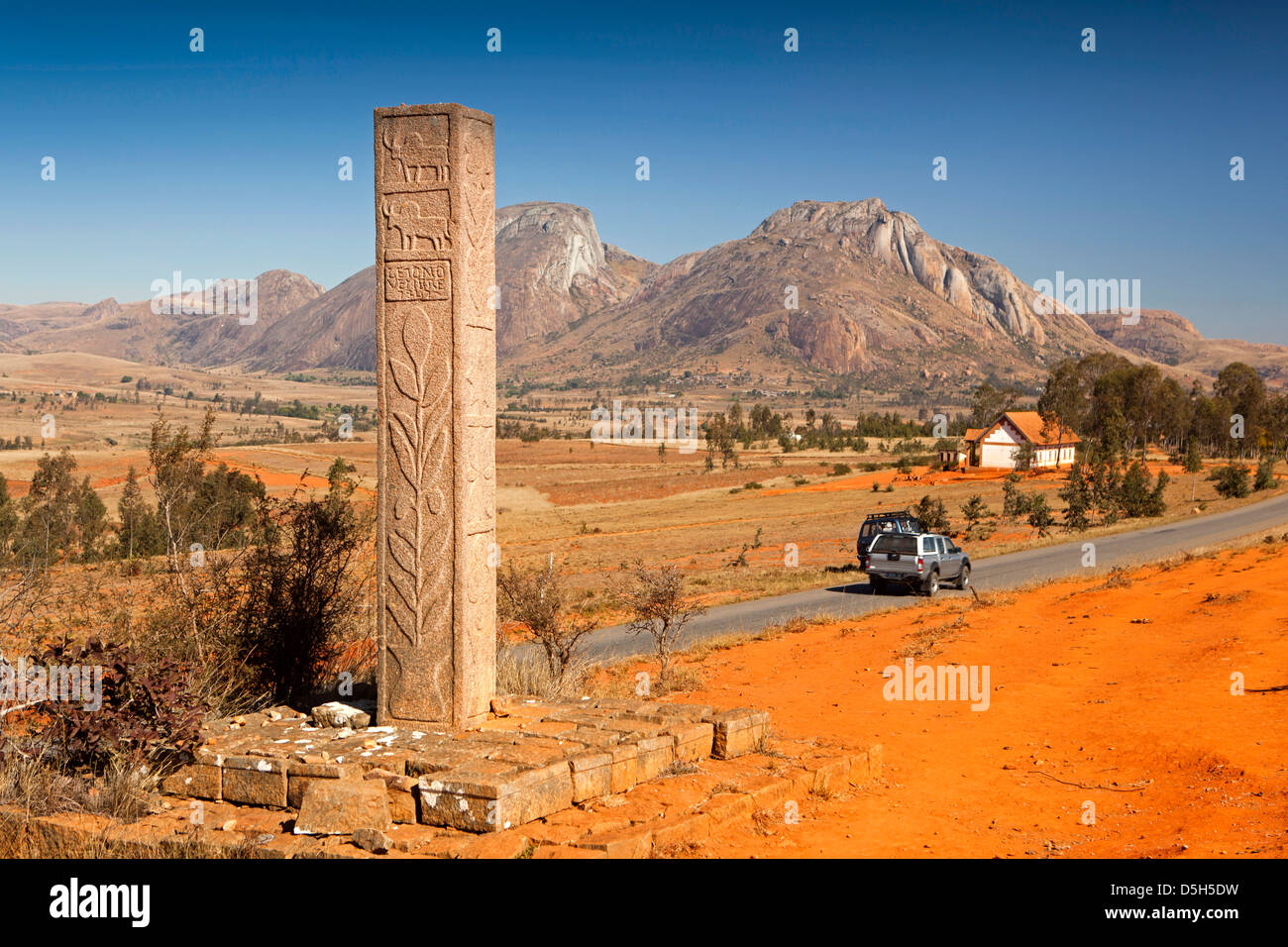 Madagascar, Ambalavao, Betsileo monolith memorial depicting plants and ...