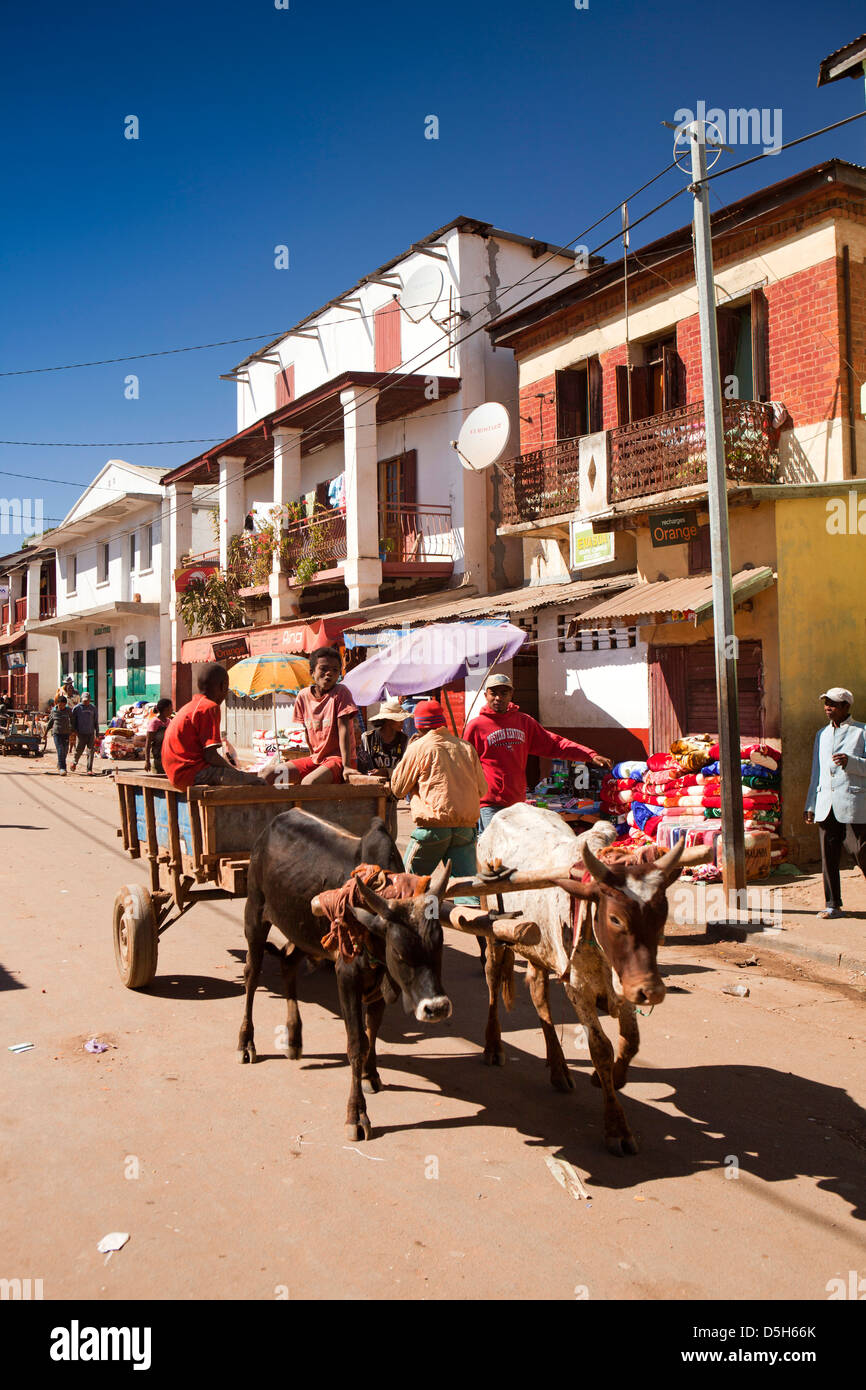 Madagascar, Ihosy, Zebu cart passing through main street Stock Photo ...