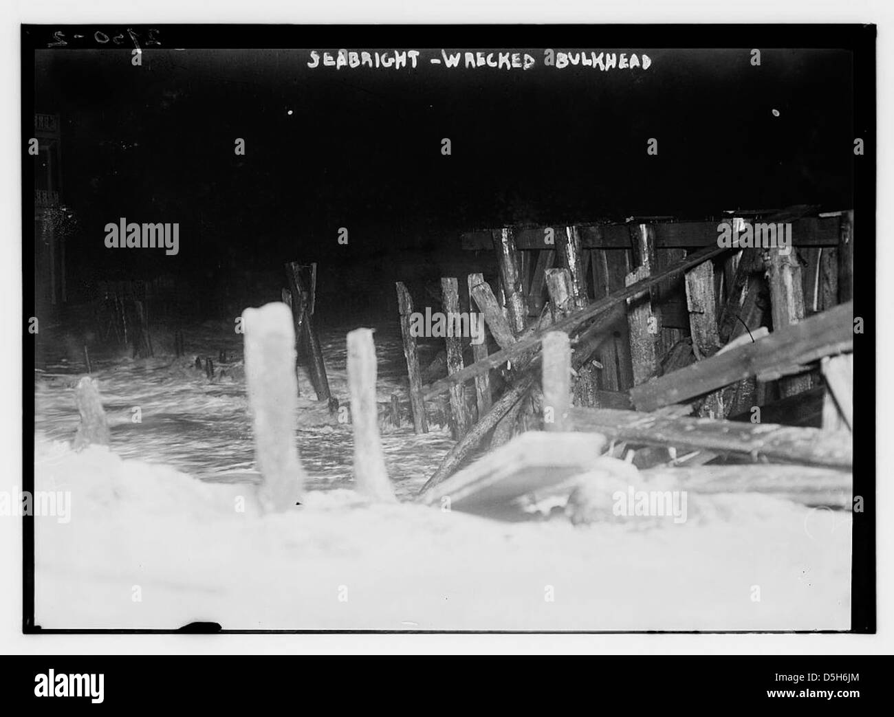 A photograph showing the wreckage of a bulkhead in Seabright, likely ...