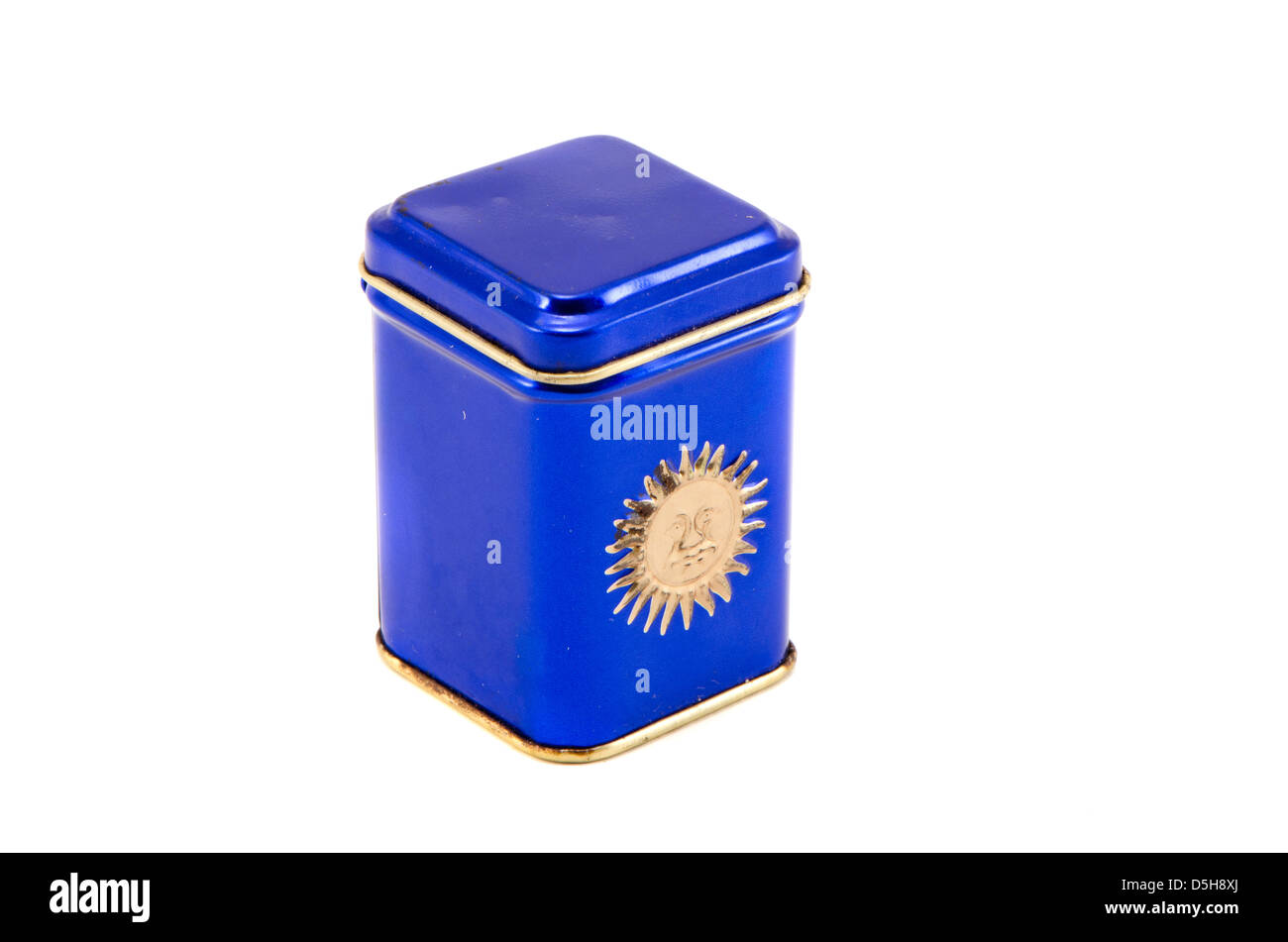 blue metallic box for tea isolated on white background Stock Photo - Alamy