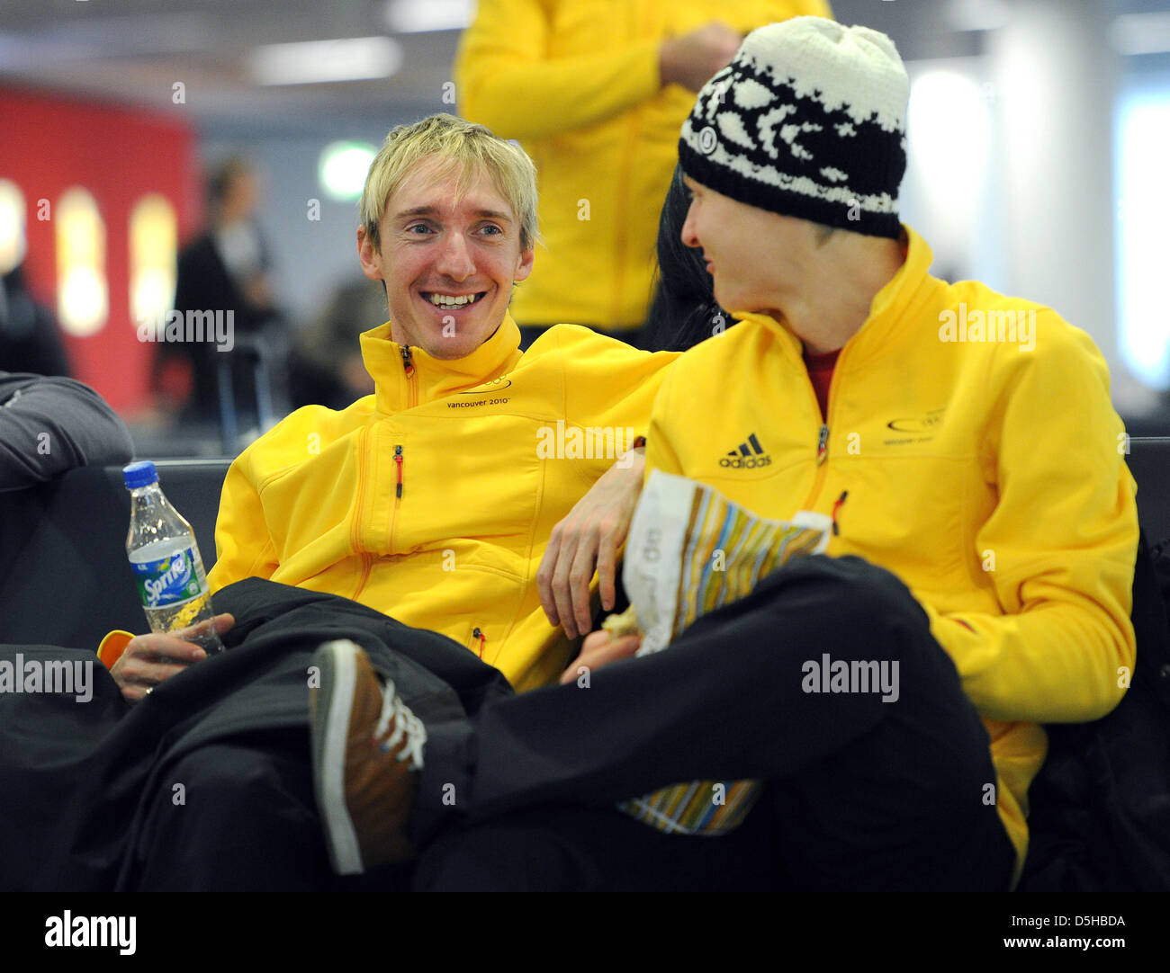 German ski jumpers Michael Uhrmann (L) and Pascal Bodmer talk prior to ...