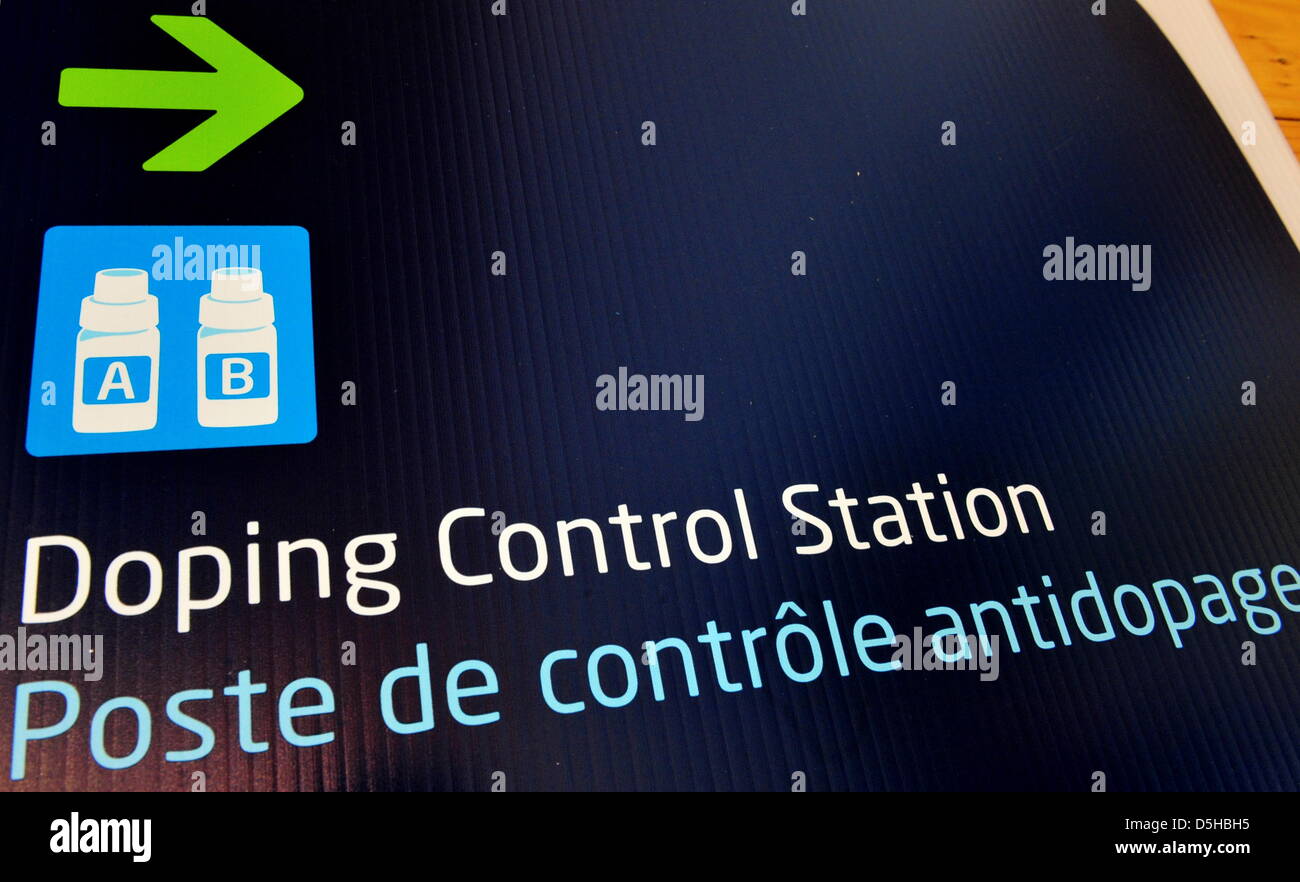 A sign indicates the way to a Doping Control Station at Vancouver ...