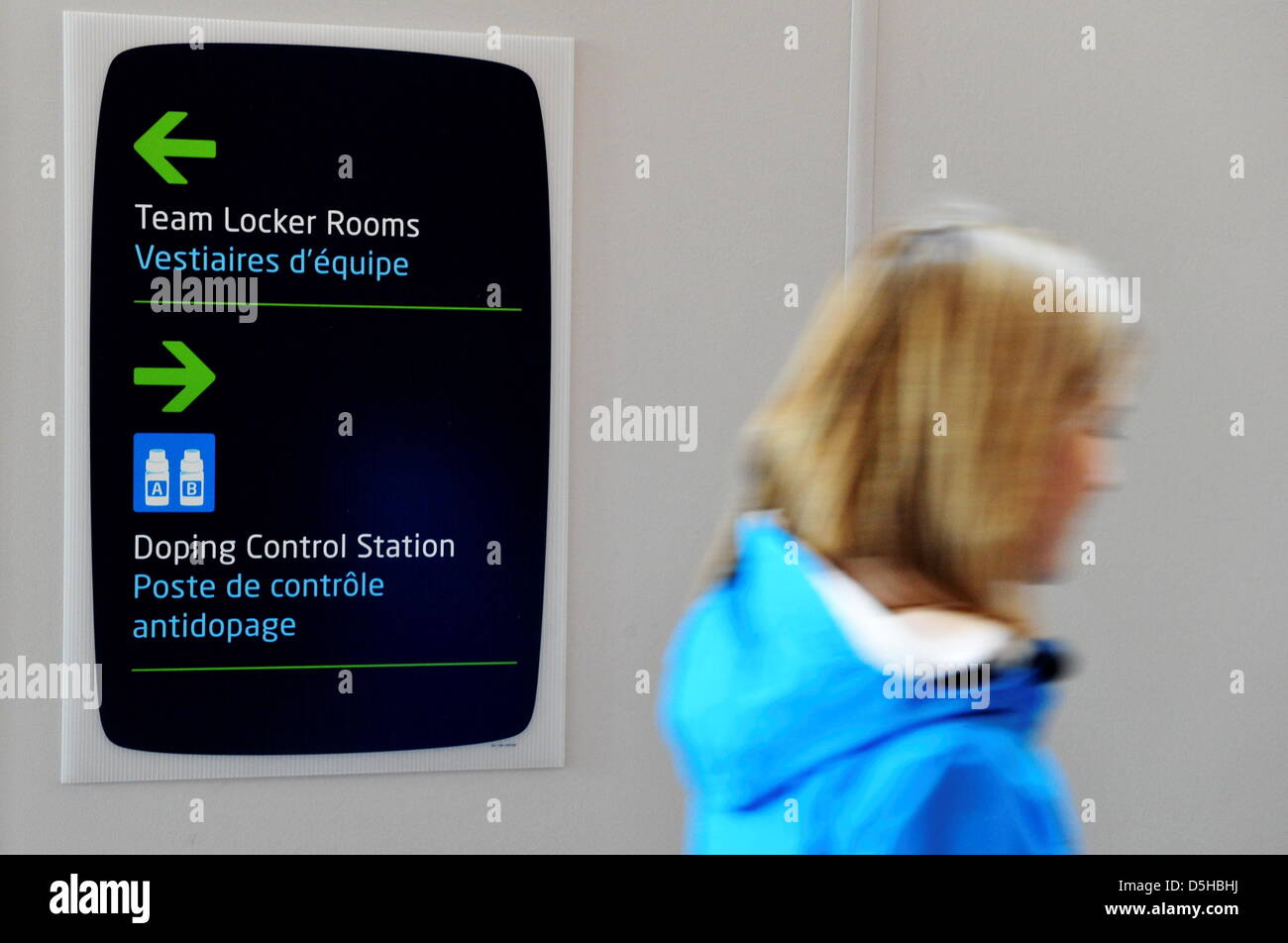 A sign indicates the way to a Doping Control Station at Vancouver ...