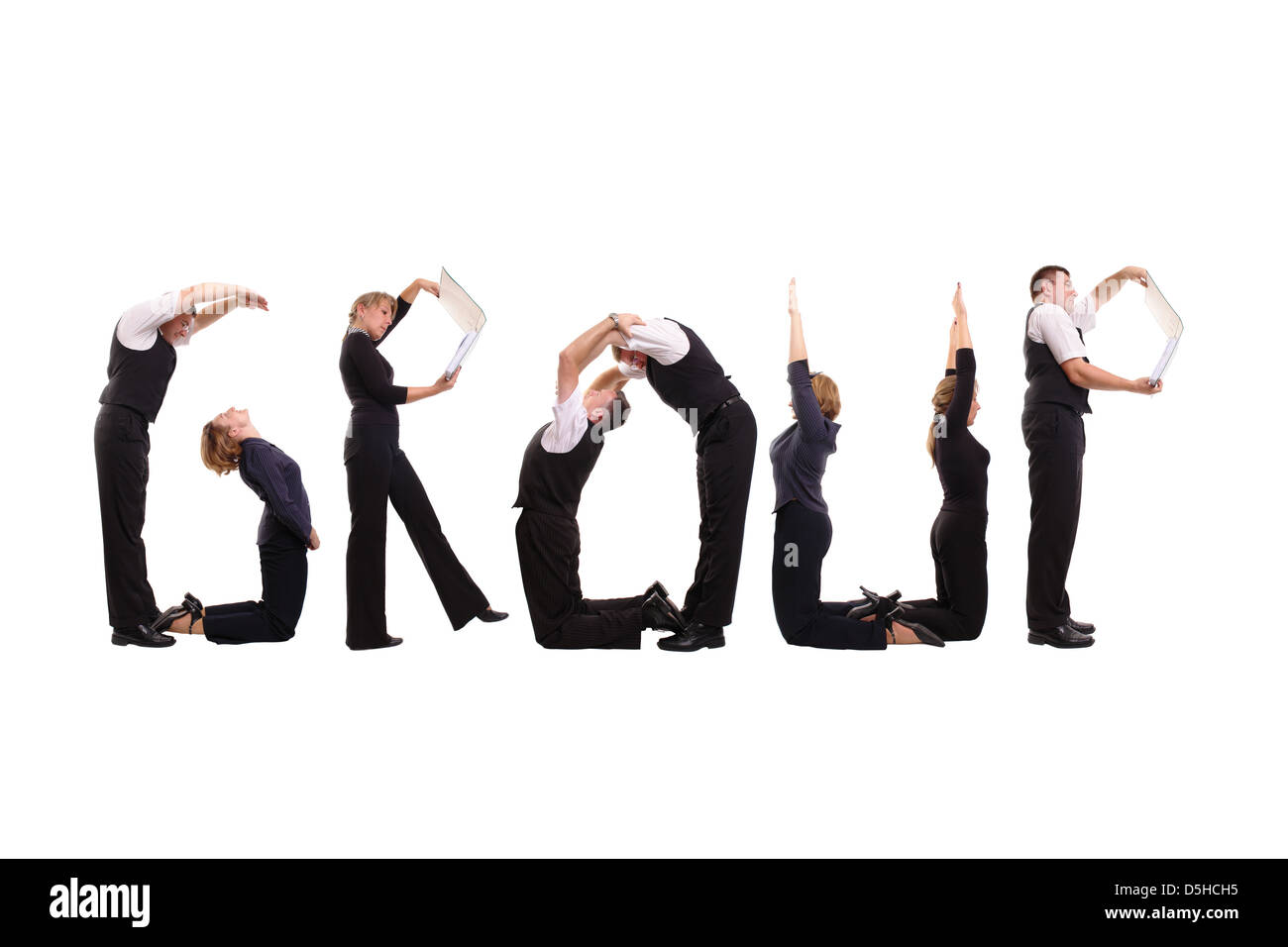 Young business people forming group word over white Stock Photo - Alamy