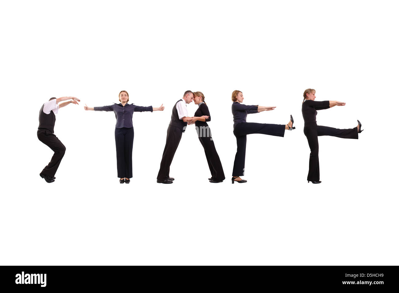Young business people forming staff word over white Stock Photo - Alamy