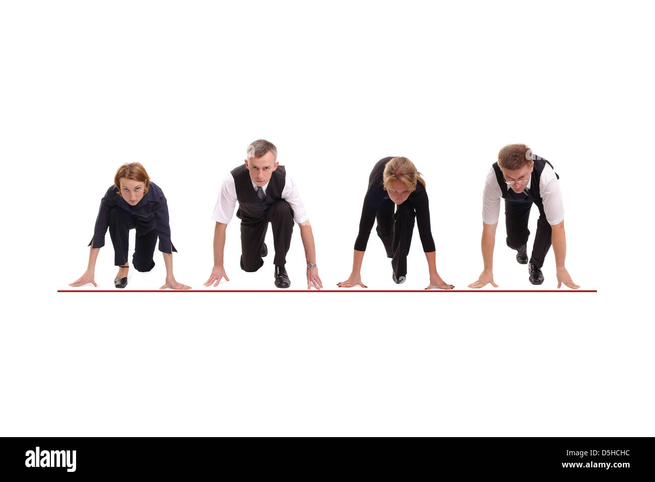 Four business people lined up getting ready for corporate race - rat ...