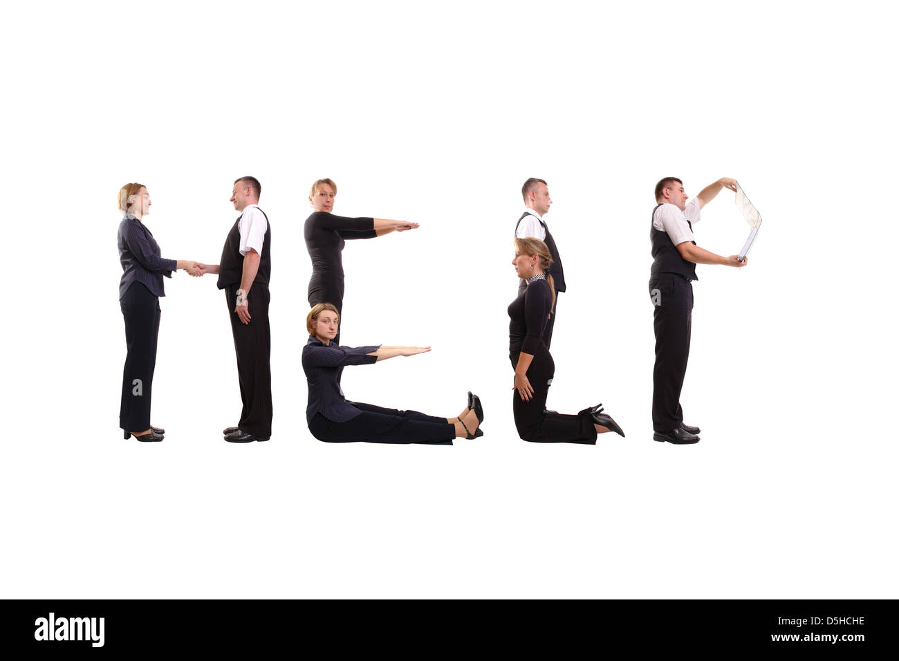 Young business people forming help word over white Stock Photo - Alamy