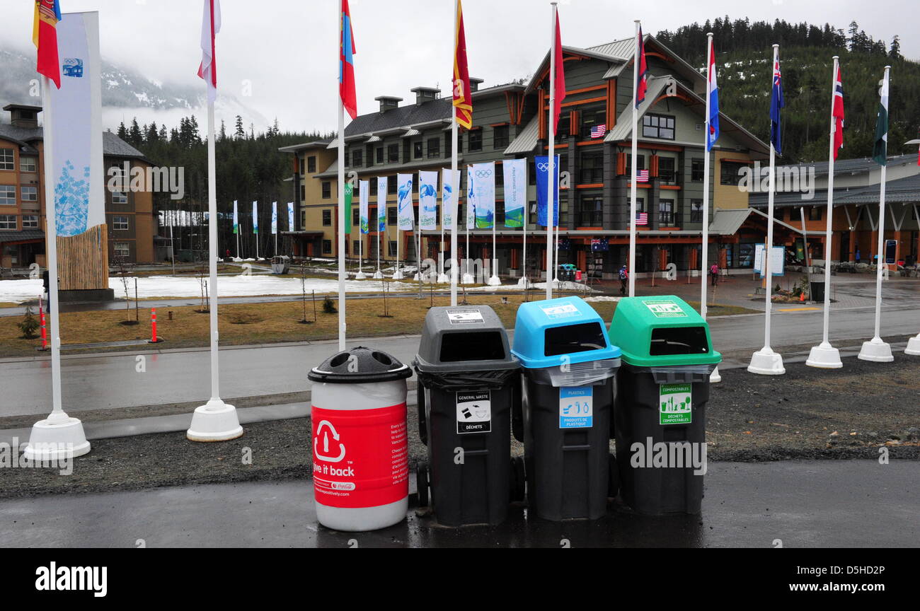 Recycling bins stand in the Whistler Athletes Village in advance of the ...