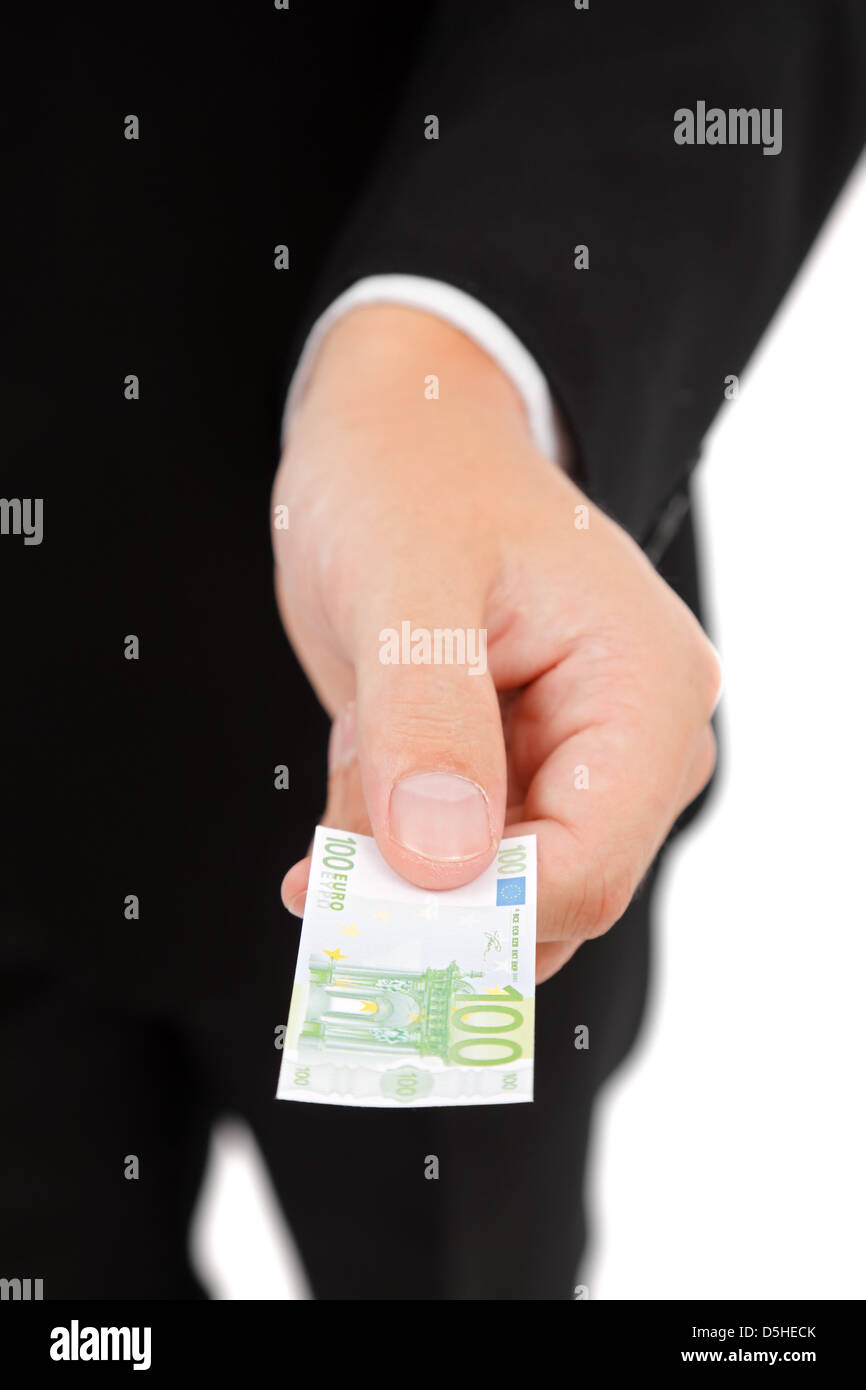 Hand offering a small banknote of 100 euro, representing reduced value ...