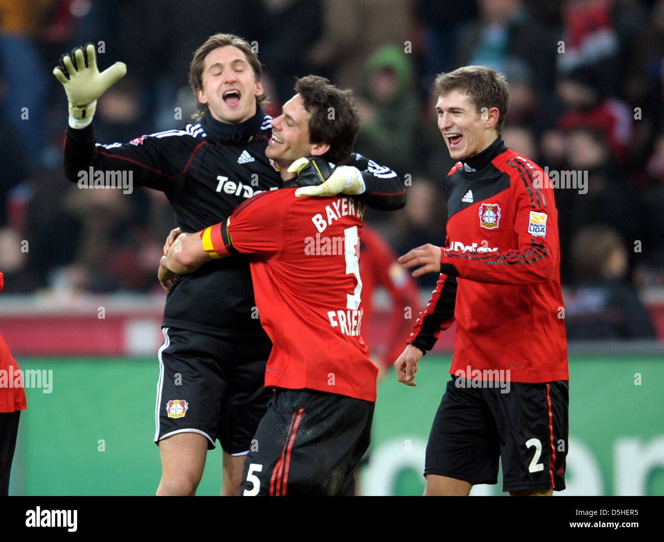 Leverkusen's Rene Adler, Manuel Friedrich and Daniel Schwab (L-R ...