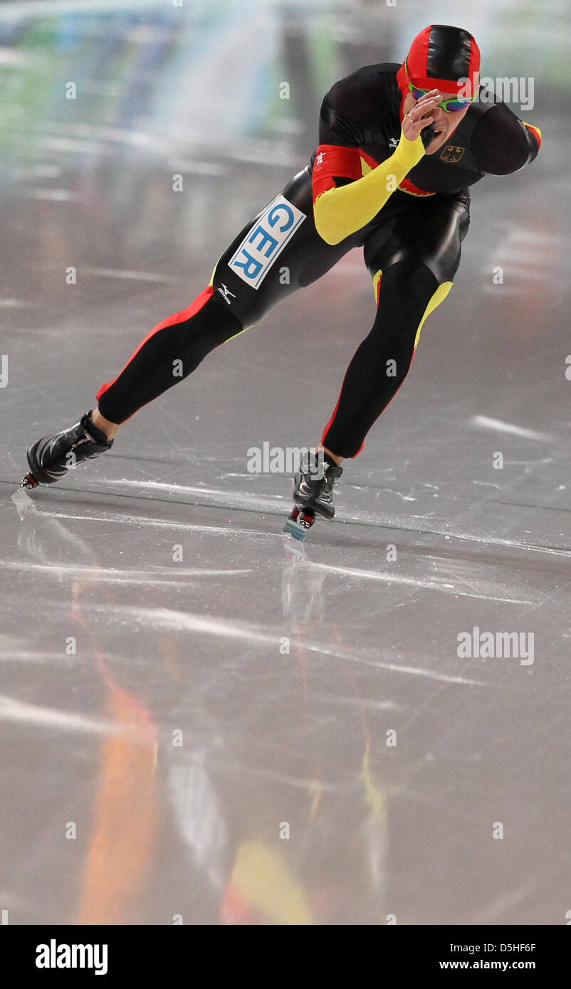 Marco Weber of Germany practices during the men's Speed Skating 5000 m ...