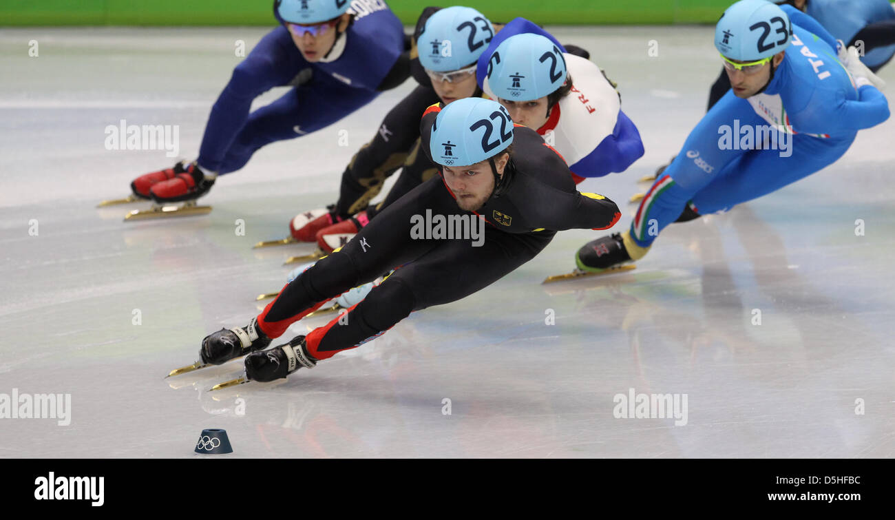 Paul Herrmann (front) of Germany practices during the Men's Short Track ...
