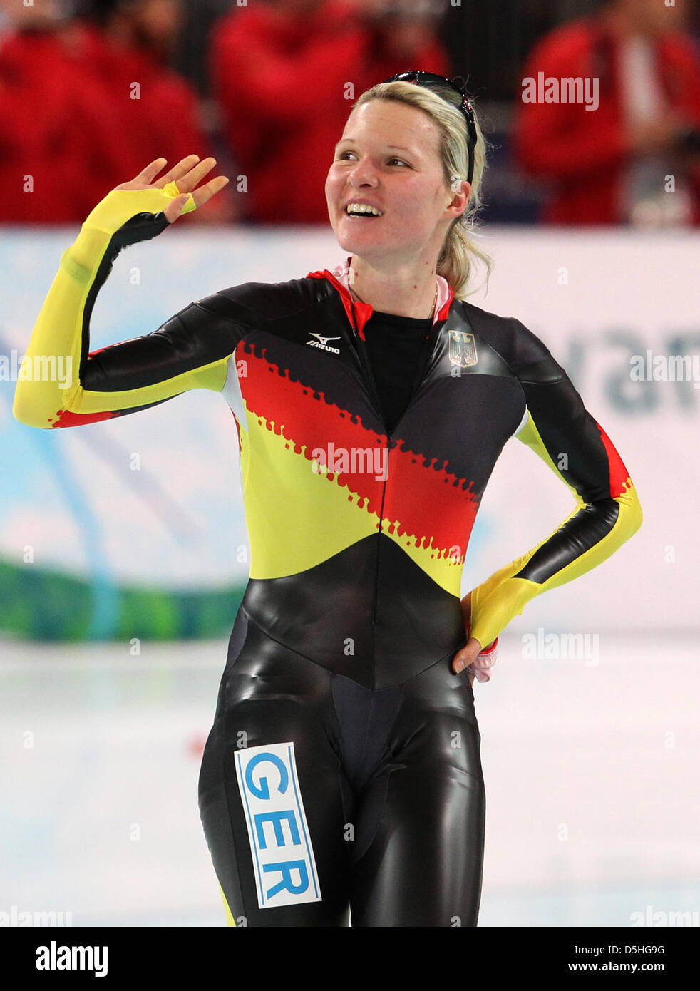 Stephanie Beckert of Germany cheers after the Speed Skating women's ...