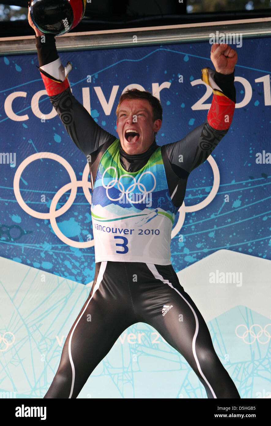 Felix Loch Of Germany Celebrates After Winning The Mens Luge Singles