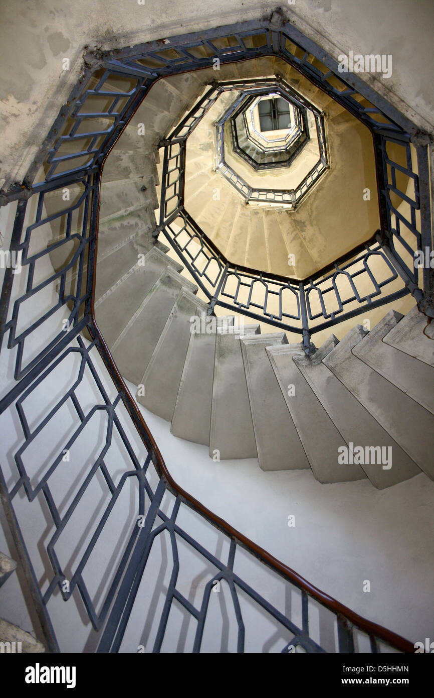 A view up the spiral staircase within Volta Lighthouse, on Lake Como ...