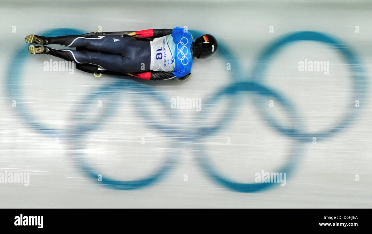 Frank Rommel of Germany takes a curve during men's Skeleton training ...