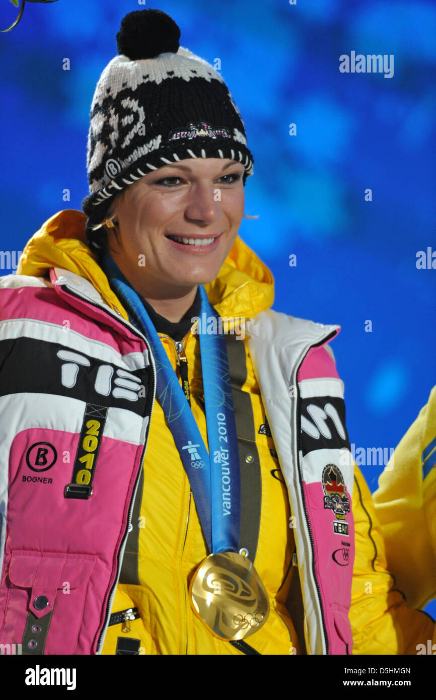 Gold medalist Maria Riesch of Germany during the Medal ceremony at the ...