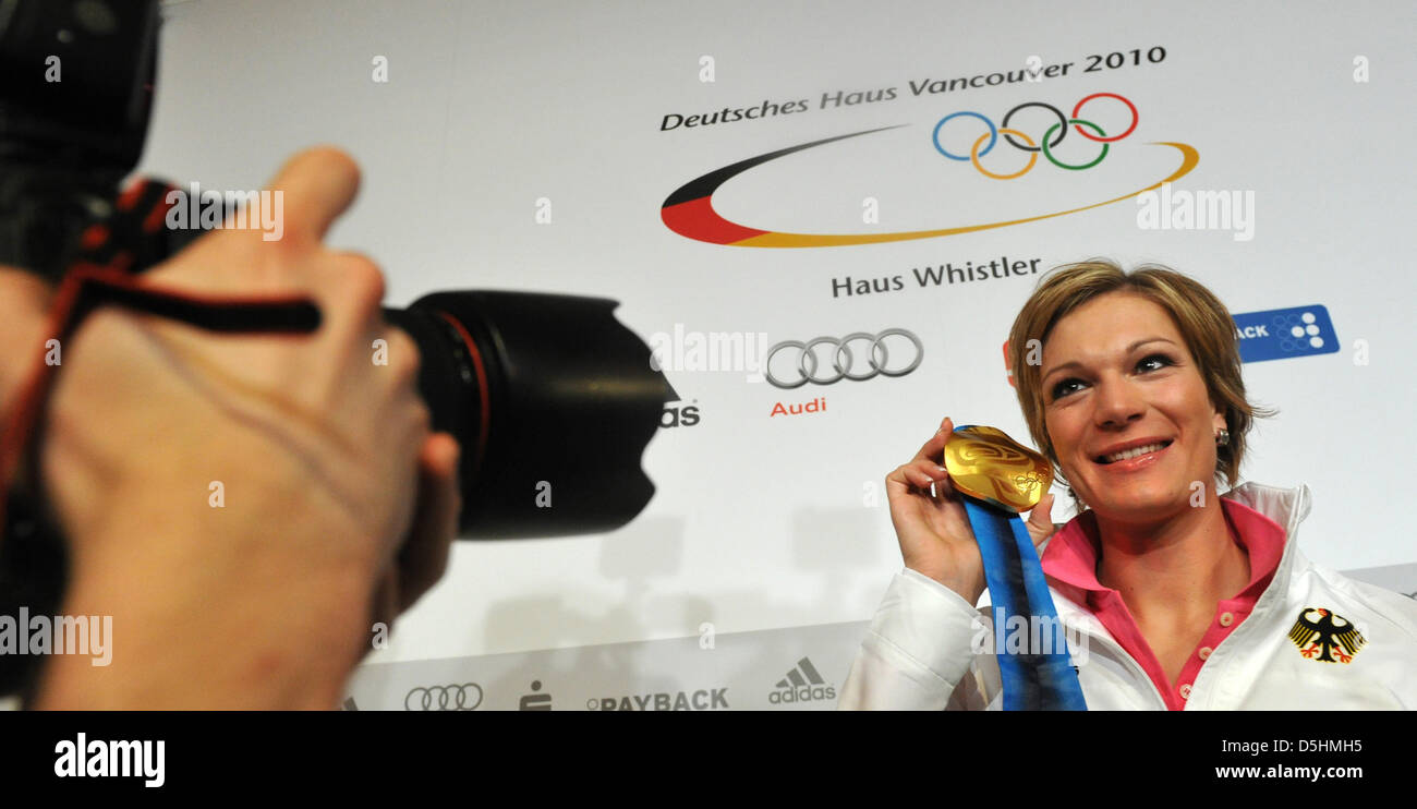 Women`s Super Combined Slalom winner Maria Riesch shows her Gold medal ...