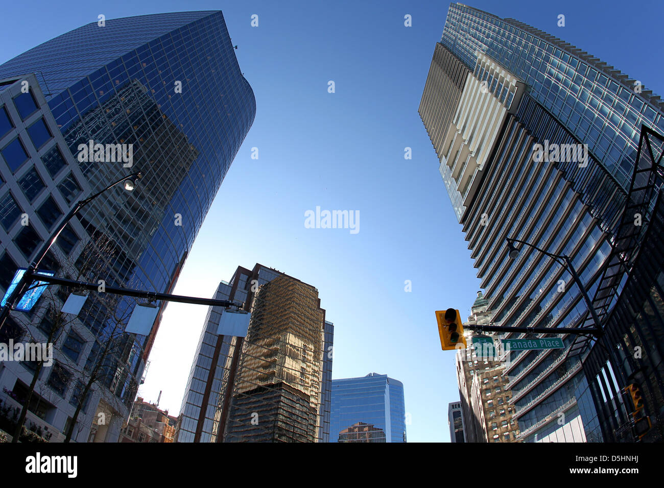 High rise buildings in front of blue sky in Downtown Vancouver, seen in ...
