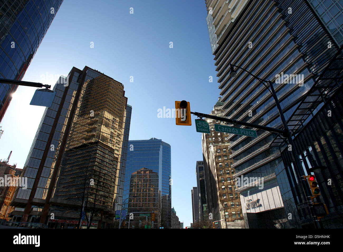 High rise buildings in front of blue sky in Downtown Vancouver, seen in ...