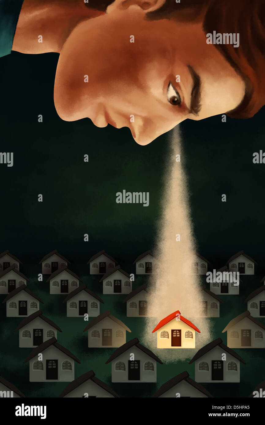 Illustrative image of man keeping an eye on house representing real ...