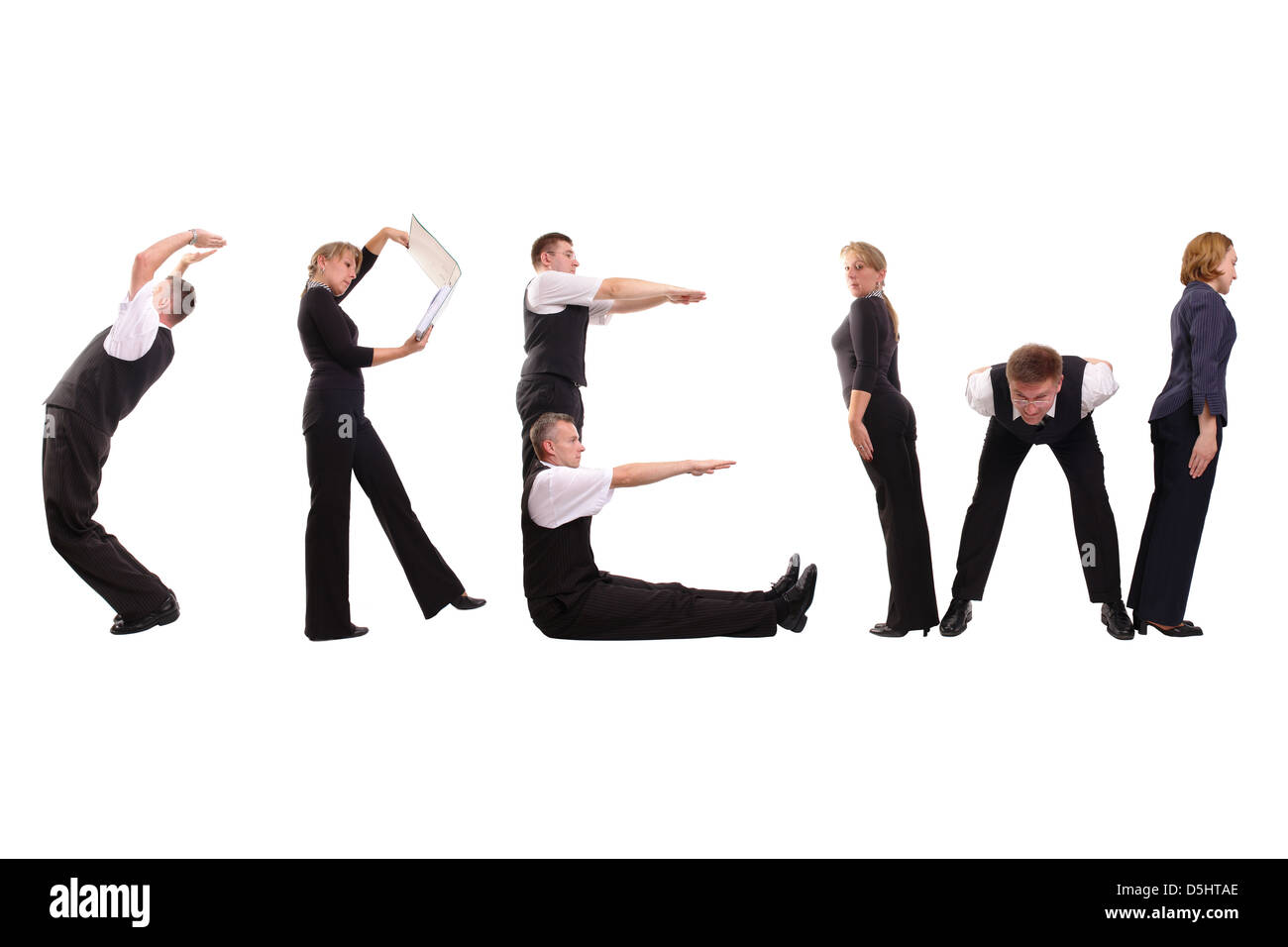 Young business people forming crew word over white Stock Photo - Alamy