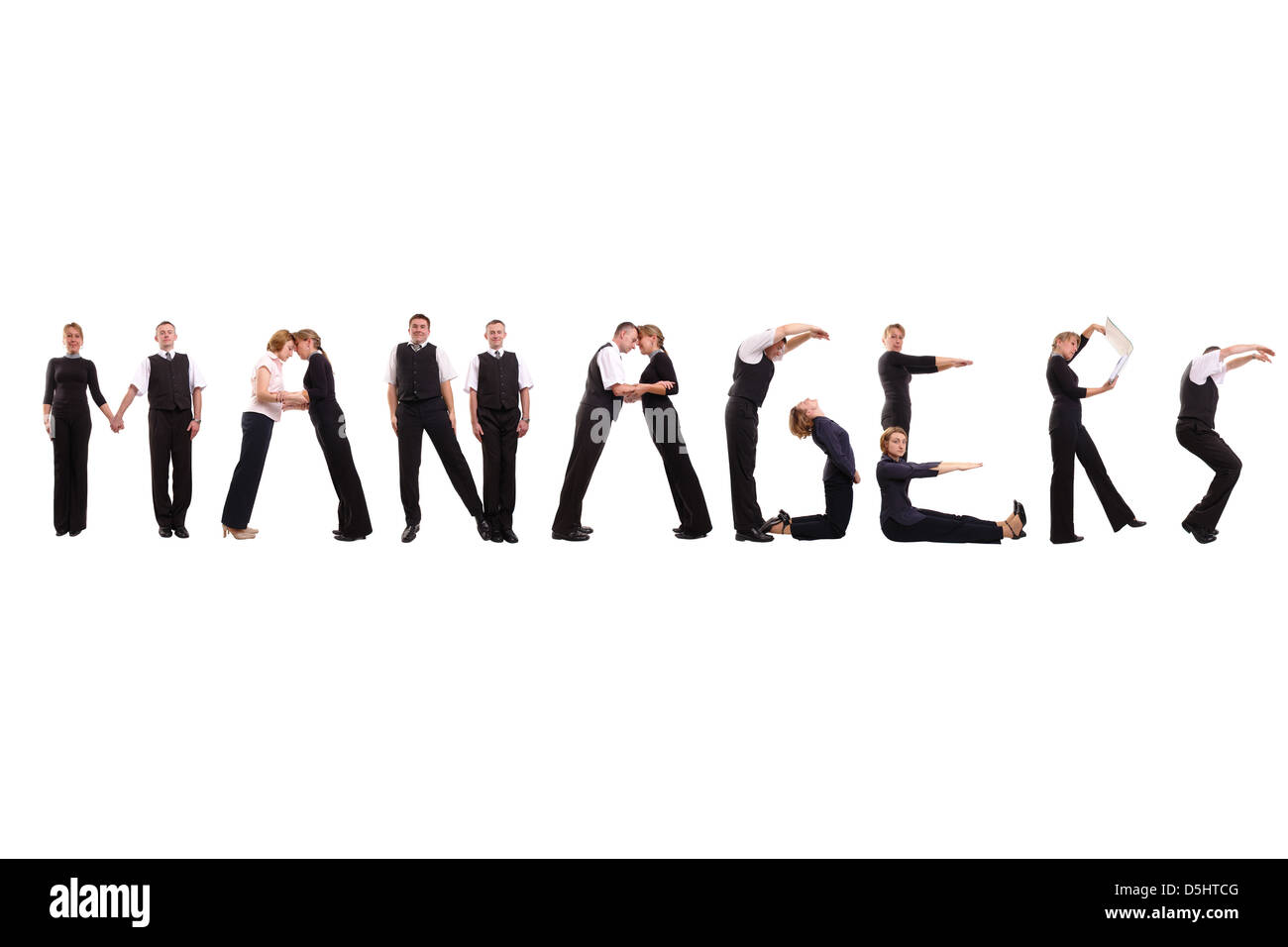 Young business people forming Managers word over white Stock Photo - Alamy