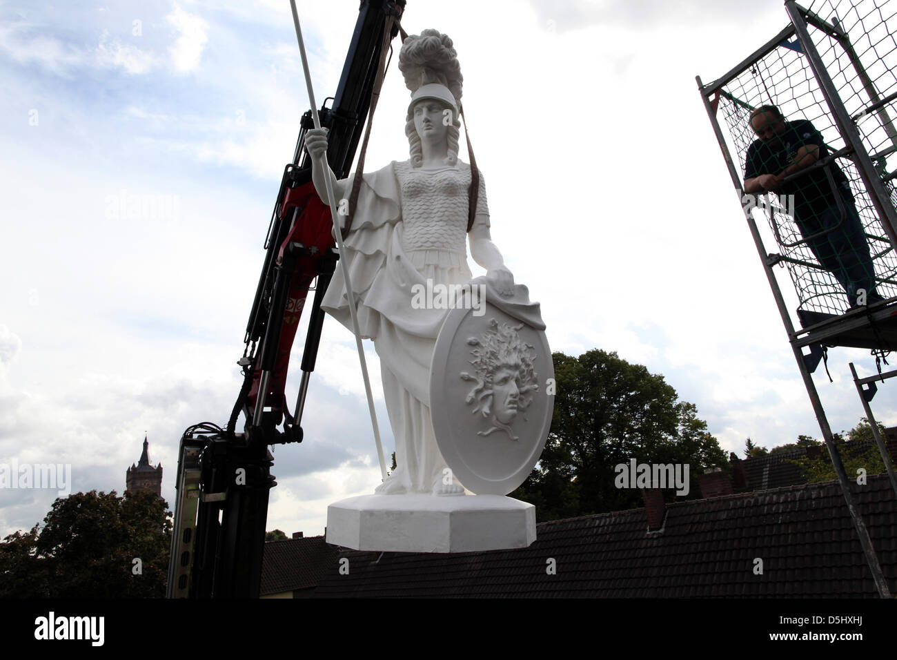 A reconstruction of the three meter talk Pallas Athena stands in Kleve ...