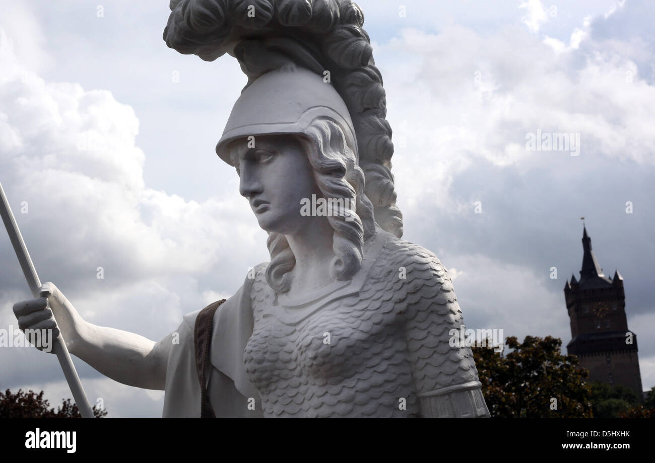 A reconstruction of the three meter talk Pallas Athena stands in Kleve ...
