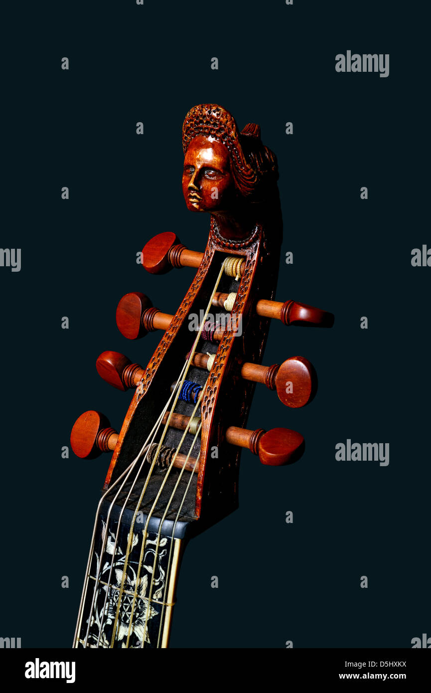 Detail from a seven-string bass viola da gamba with inlaid fingerboard ...