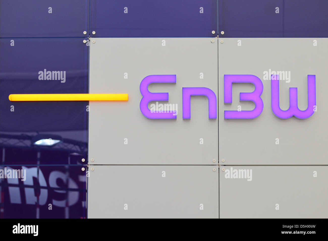 The logo of power company EnBW is pictured at the Husum WindEnergy Fair ...