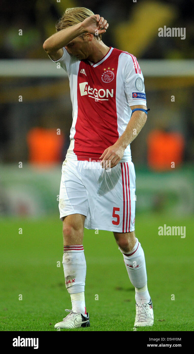 Christian Poulsen of Amsterdam reacts after the UEFA Champions League ...