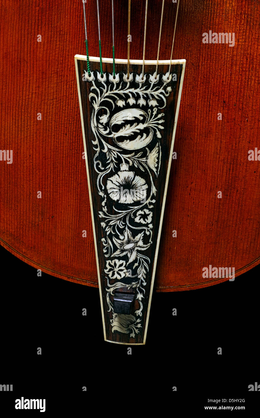 Detail from a seven-string bass viola da gamba with inlaid fingerboard ...