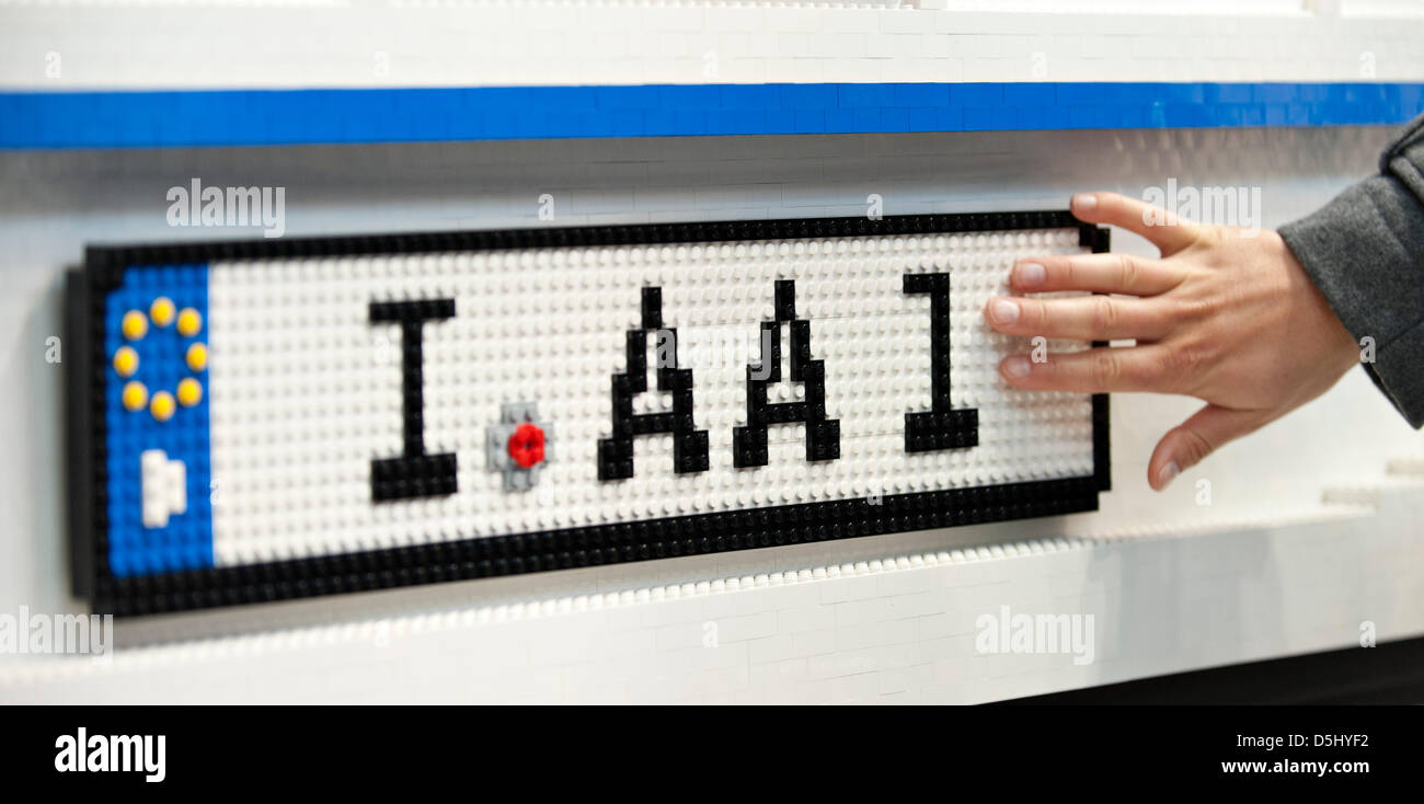 A license plate made from legos is pictured at the Goodyear Dunlop ...