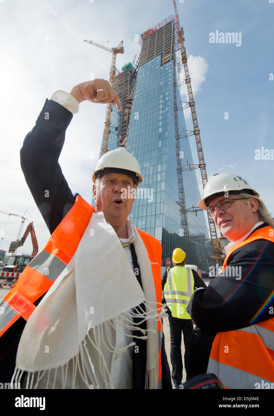 Architects Wolf Prix (L) and Frank Stepper attend the topping-out ...