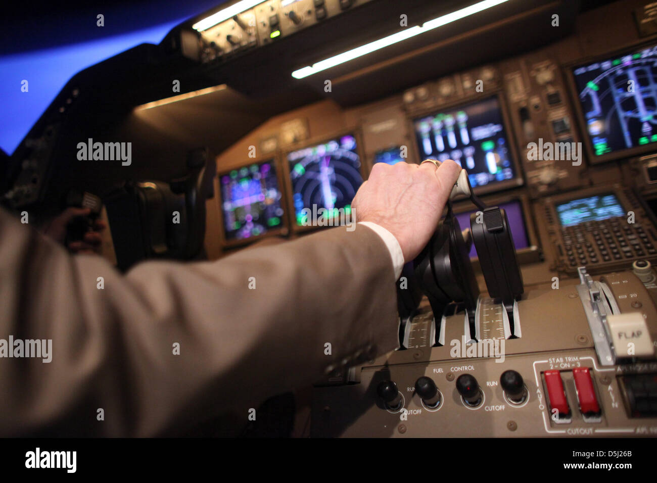 The cockpit of the new Boeing 747-8 flight simulator is pictured at the ...