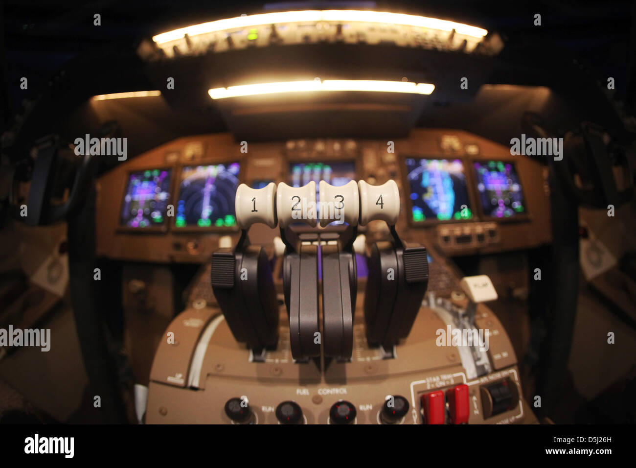 The cockpit of the new Boeing 747-8 flight simulator is pictured at the ...