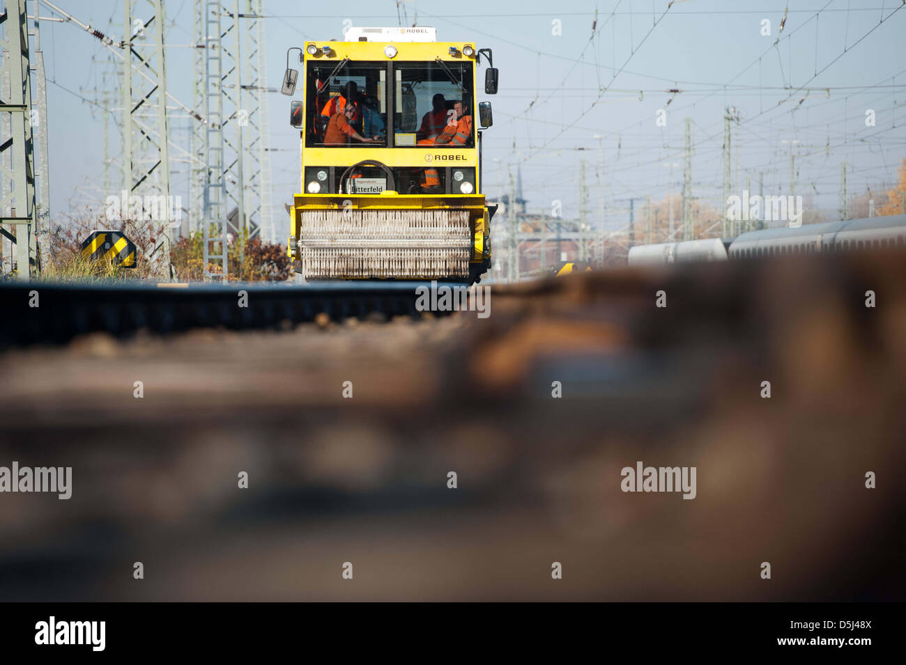 A rail vehicle with snow clearing equipment is presented in Berlin ...