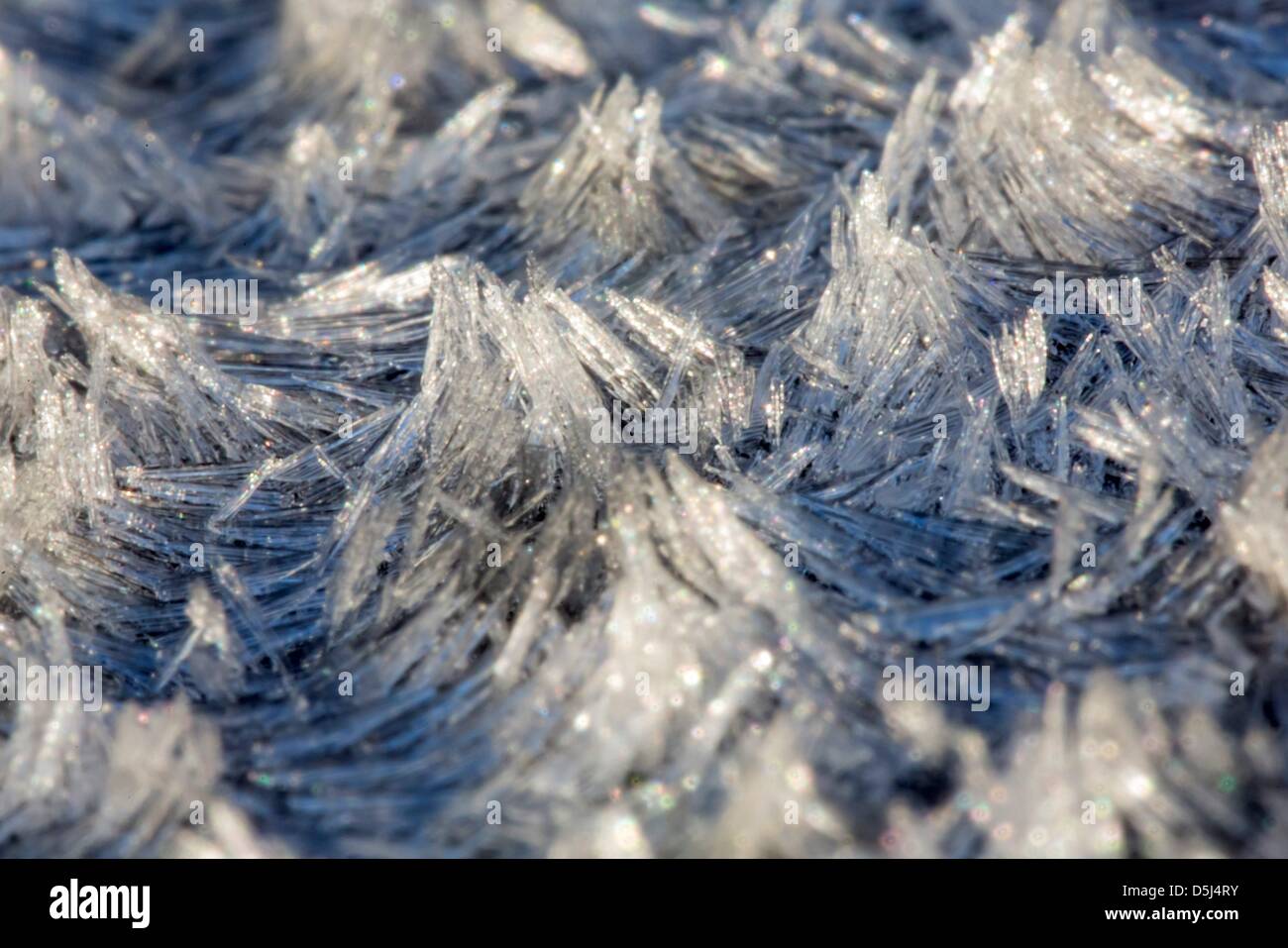 Ice crystals shaped like waves are visible on the outer surface of a ...