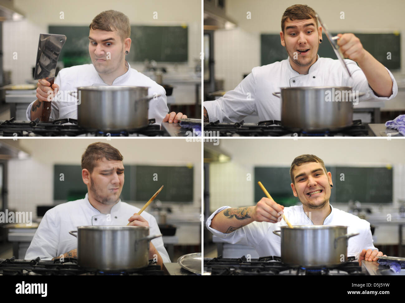 The composite picture shows chef trainee Jan posing behind a large ...