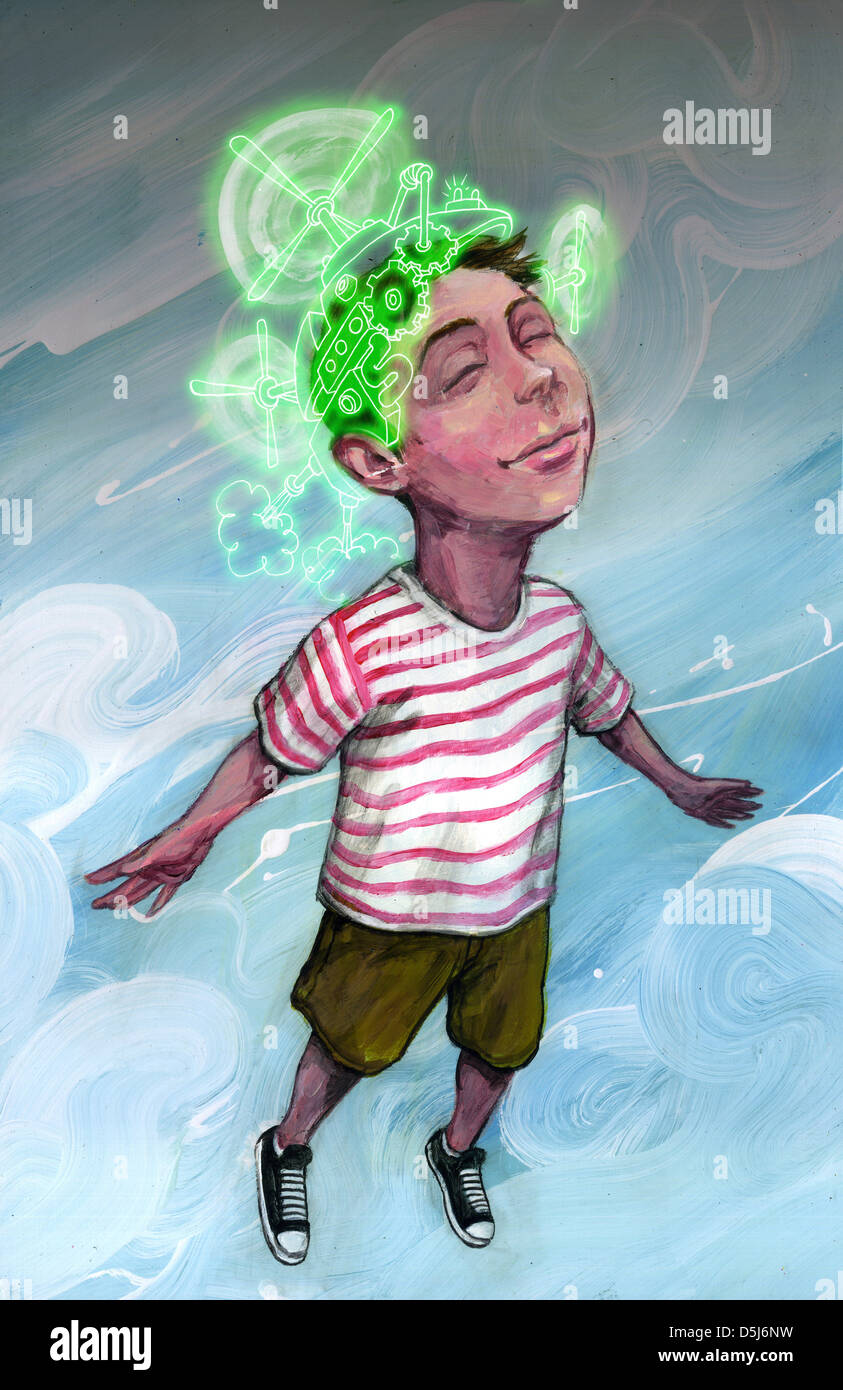 Illustration of boy dreaming of flying in the sky Stock Photo - Alamy