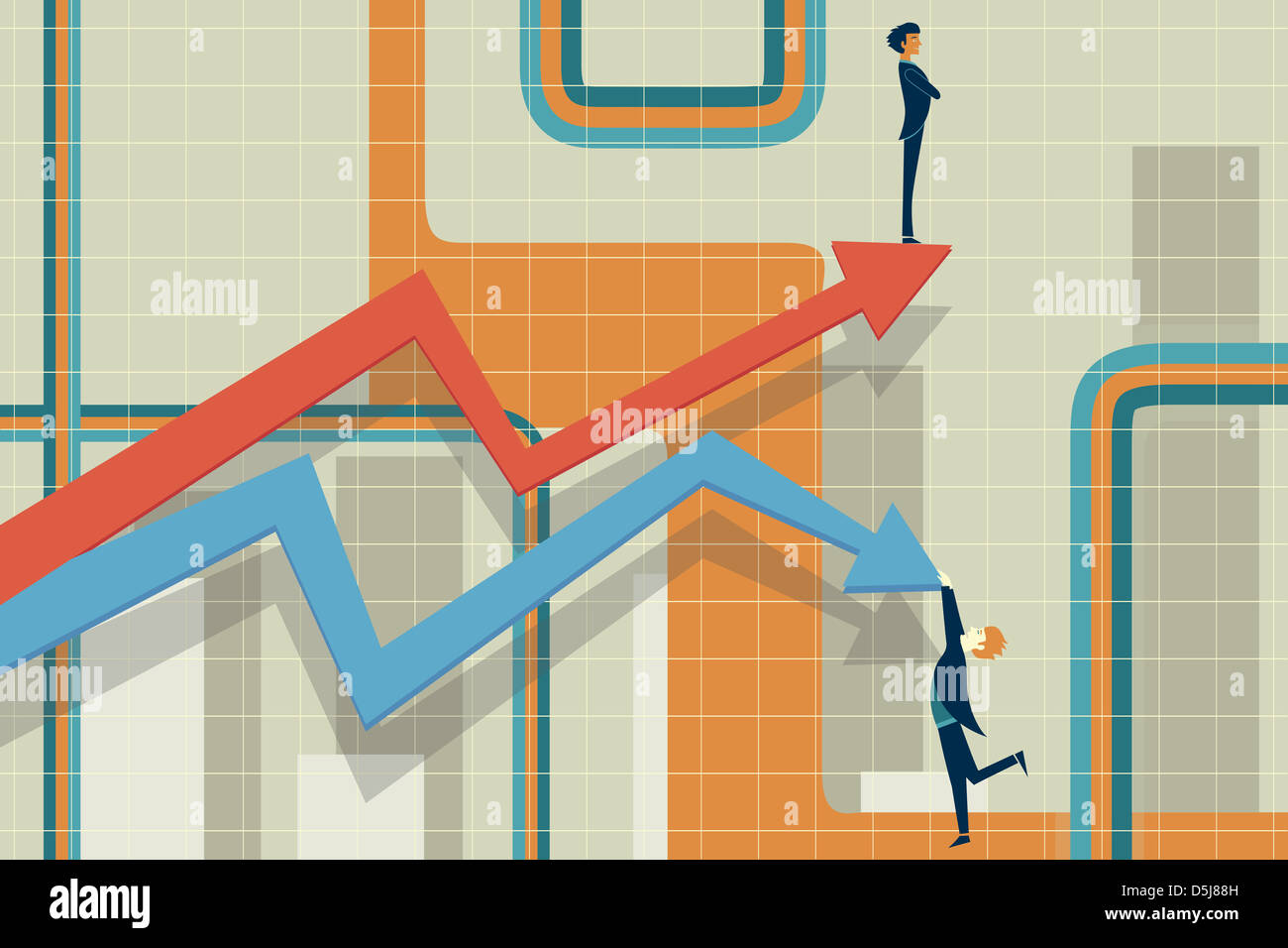 Illustrative image of businessmen and arrows representing rise and fall ...