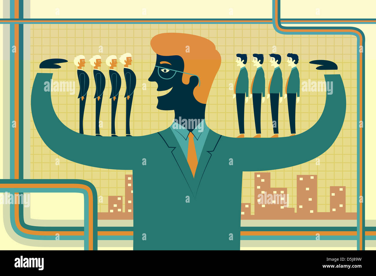 Illustrative image of leader carrying business people on his arms ...