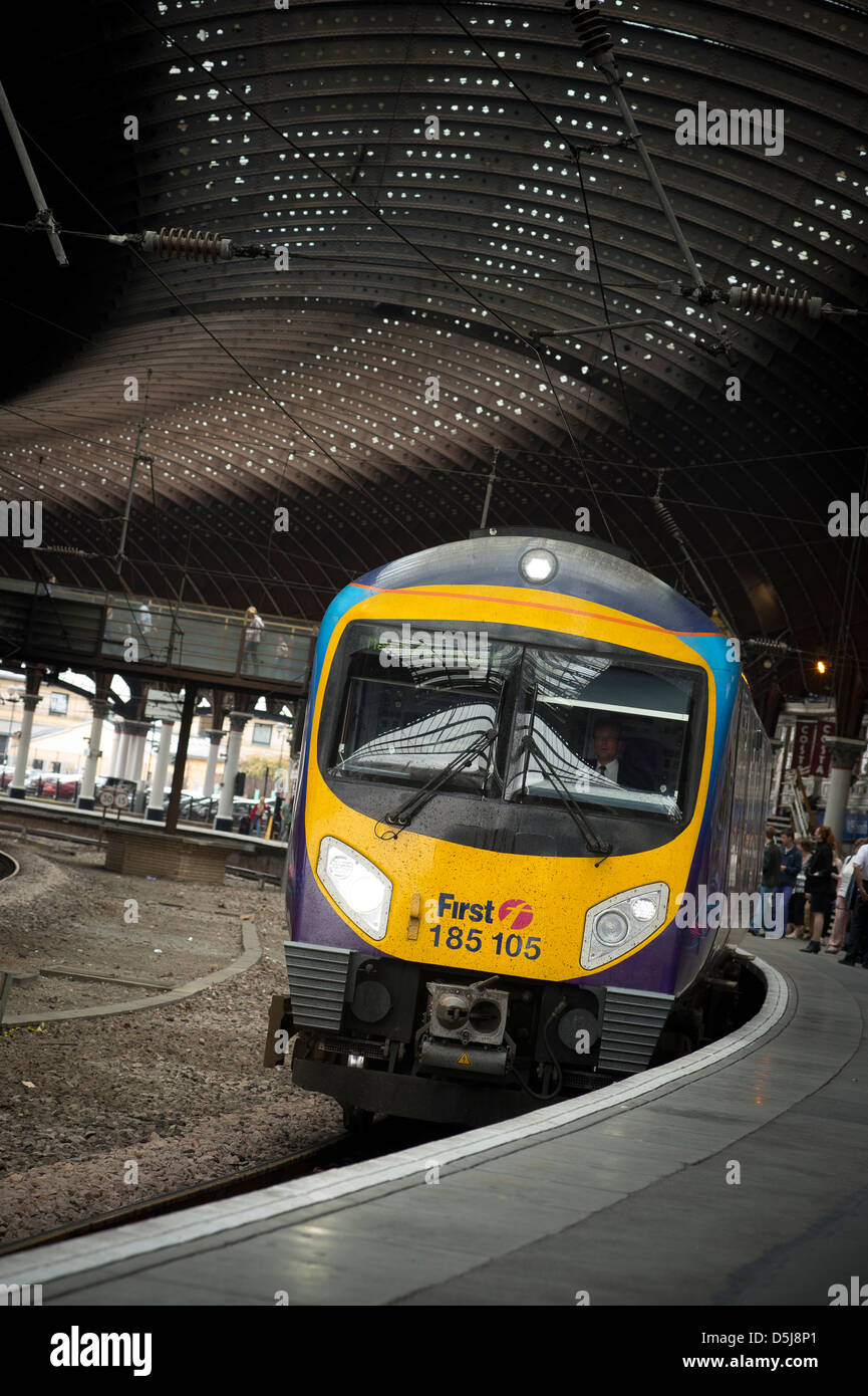 First Transpennine Express Class 185 passenger train waiting at a ...