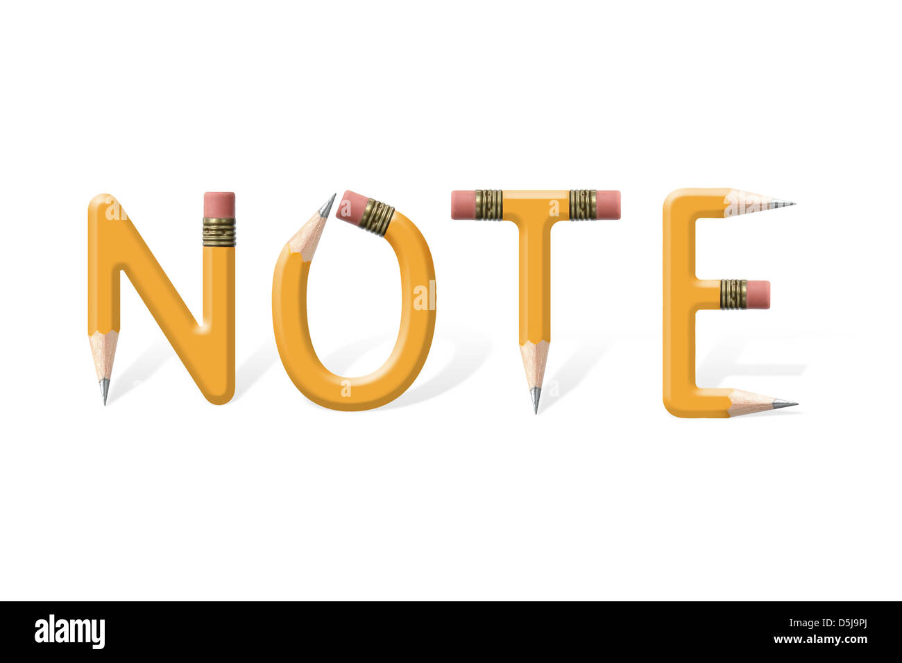 Yellow wooden pencils formed to spell Note word over white background ...