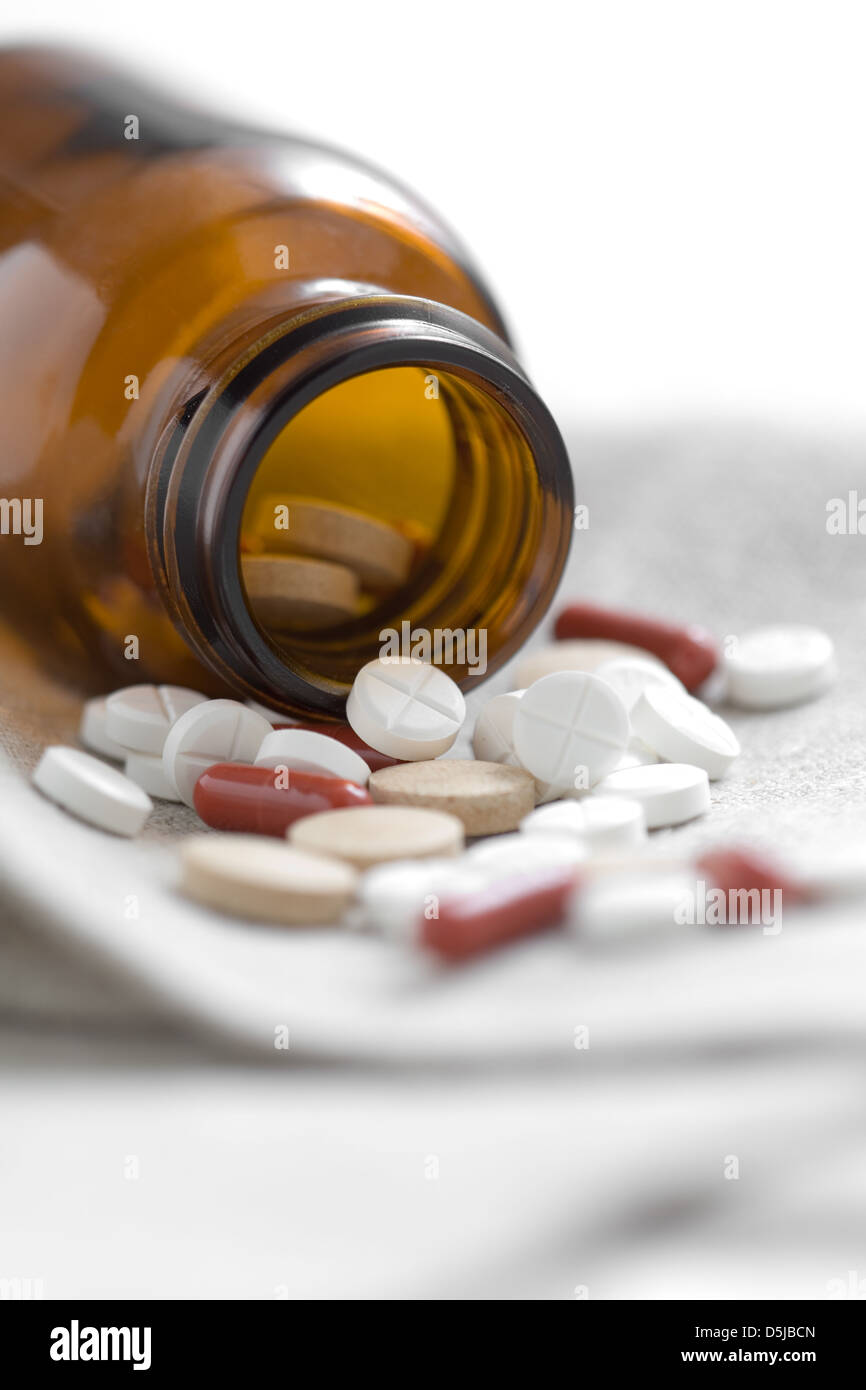 Collection of medicine pills on table, selective focus Stock Photo - Alamy