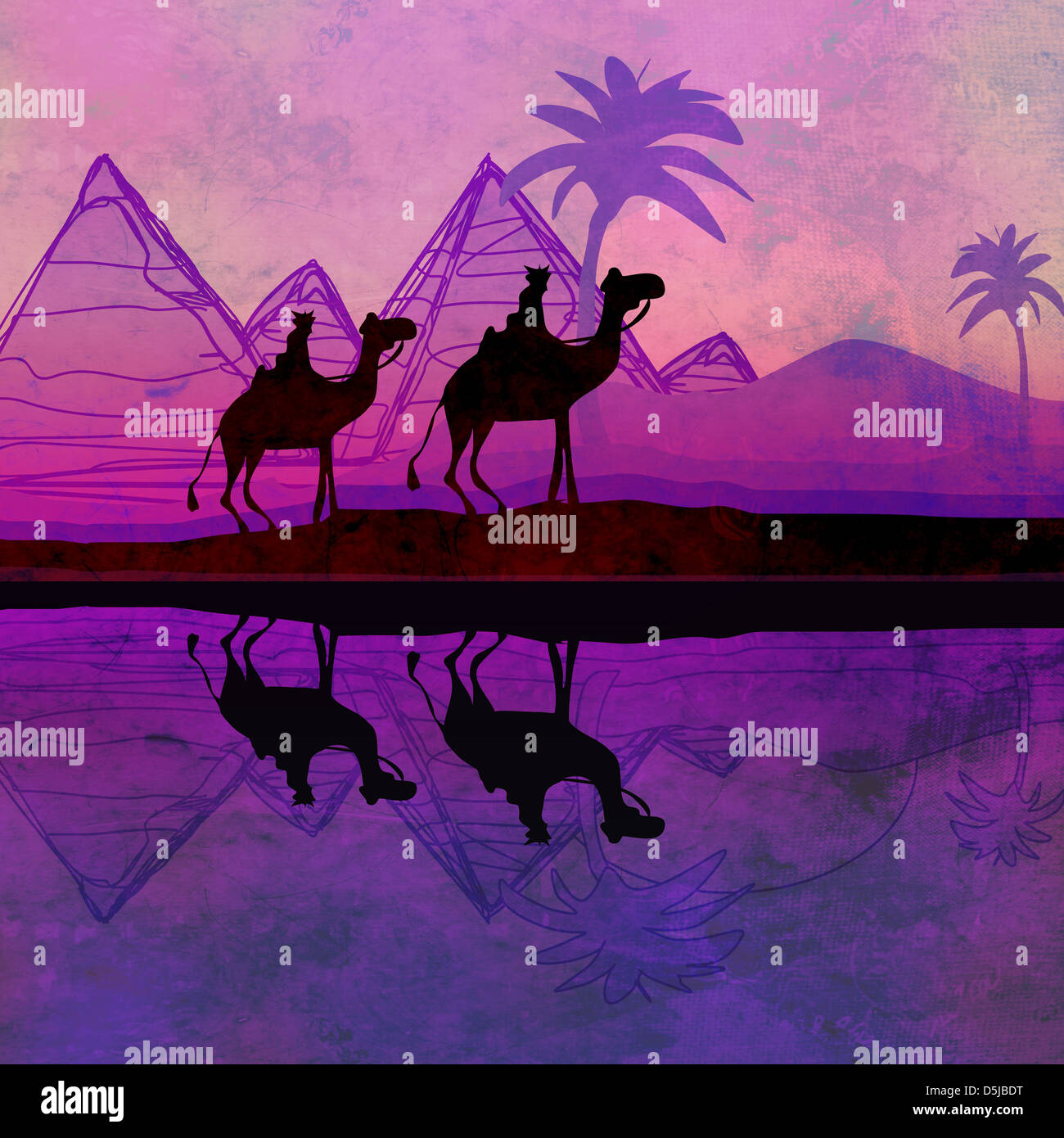 Camel train silhouetted against colorful sky crossing the Sahara Desert ...