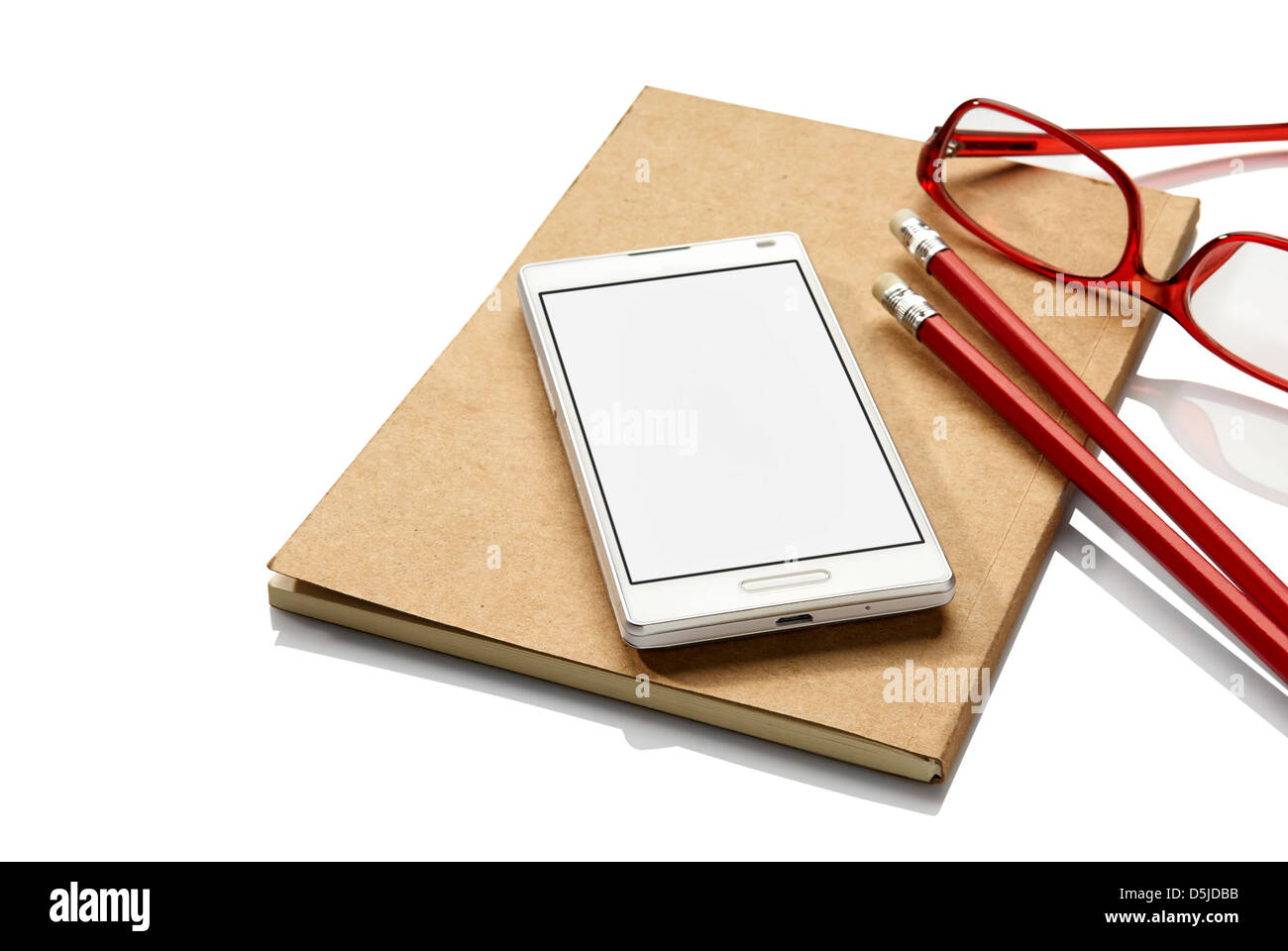 Notebook, phone and glasses isolated on white background. Copy Space ...