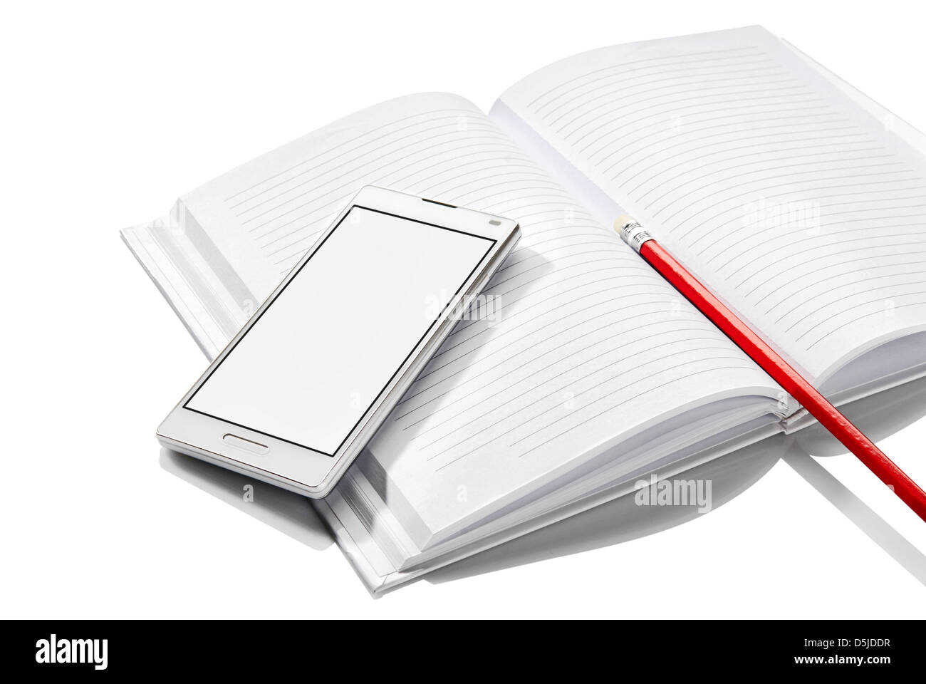 Notebook, phone and pencil isolated on white background. Copy Space ...
